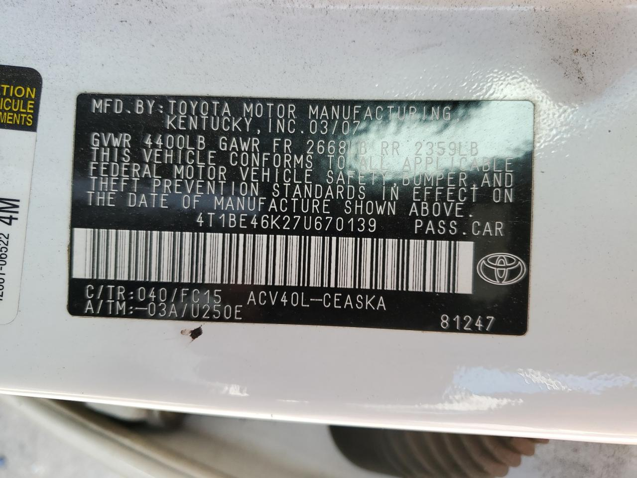 VIN: 4T1BE46K27U670139 | TOYOTA CAMRY 2007 car history - Stat.vin